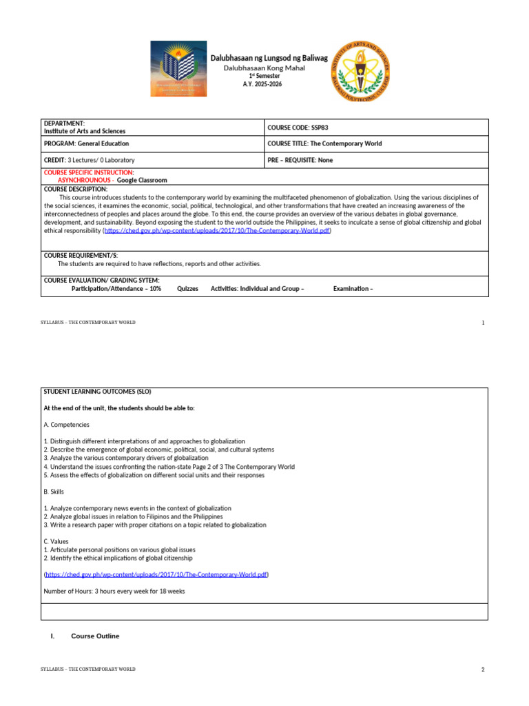 Contemporary World Syllabus Overview | PDF | Curriculum | Globalization