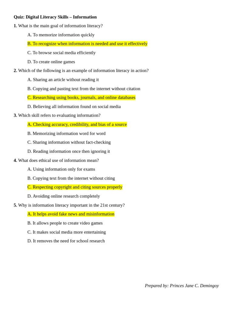 Information Literacy Quiz | PDF