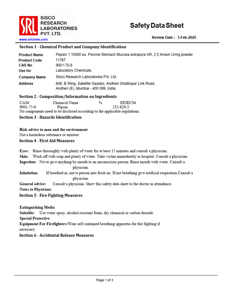 Pepsin Safety Data Sheet (SDS) 11787 | PDF | Personal Protective ...