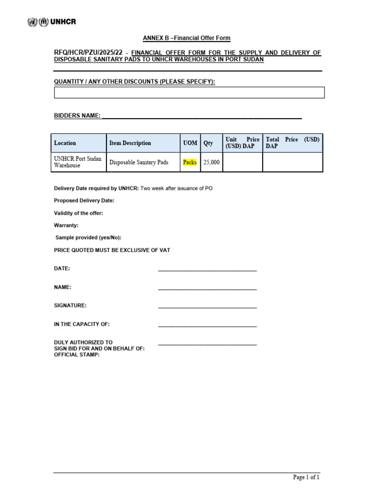 Annex B - Financial Offer Form - Sanitary Pads - Updated | PDF