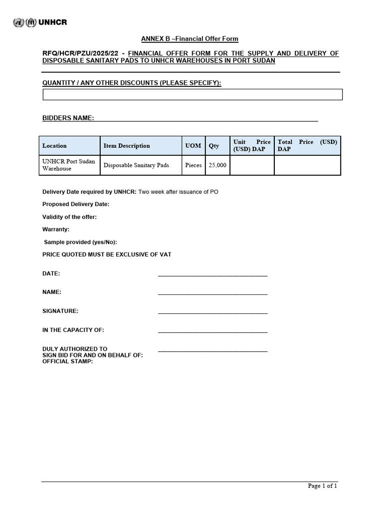 Annex B - Financial Offer Form - Sanitary Pads | PDF