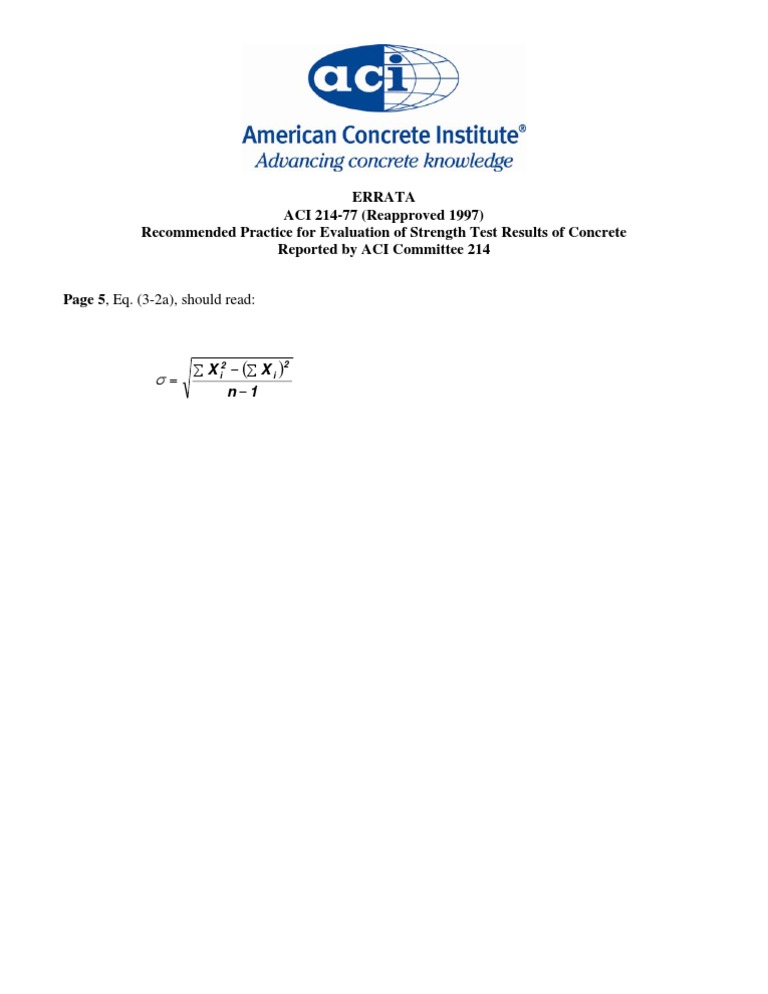 Errata ACI 214-77 (Reapproved 1997) Recommended Practice For Evaluation ...