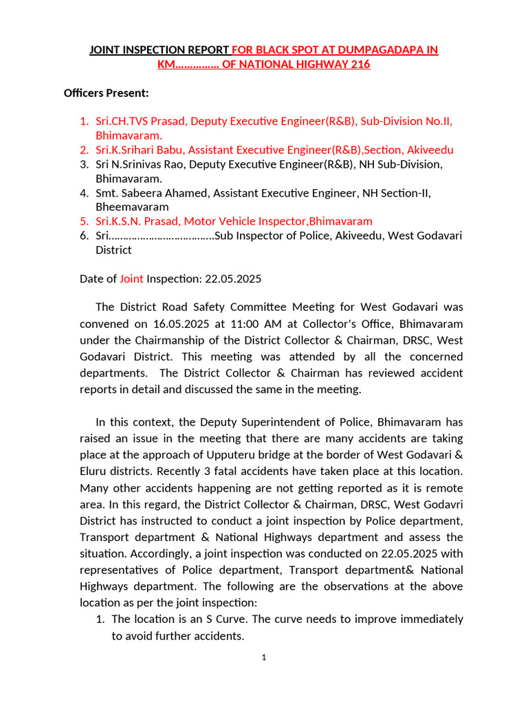 Joint Inspection Report: Black Spot NH 216 | PDF | Transport | Road ...