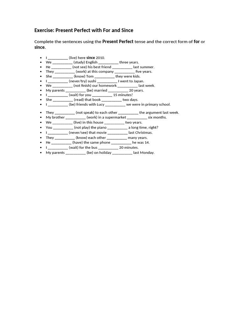 Present Perfect Exercises: For vs. Since | PDF