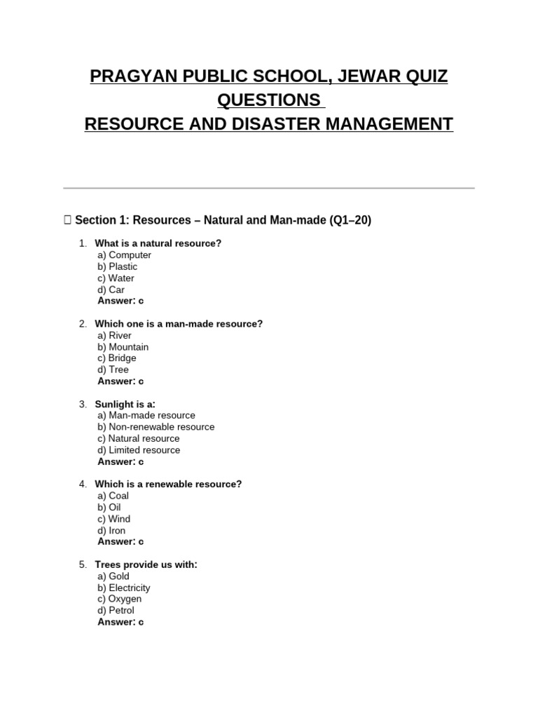 Resource and Disaster Management Quiz Questions (Class 6) | PDF ...