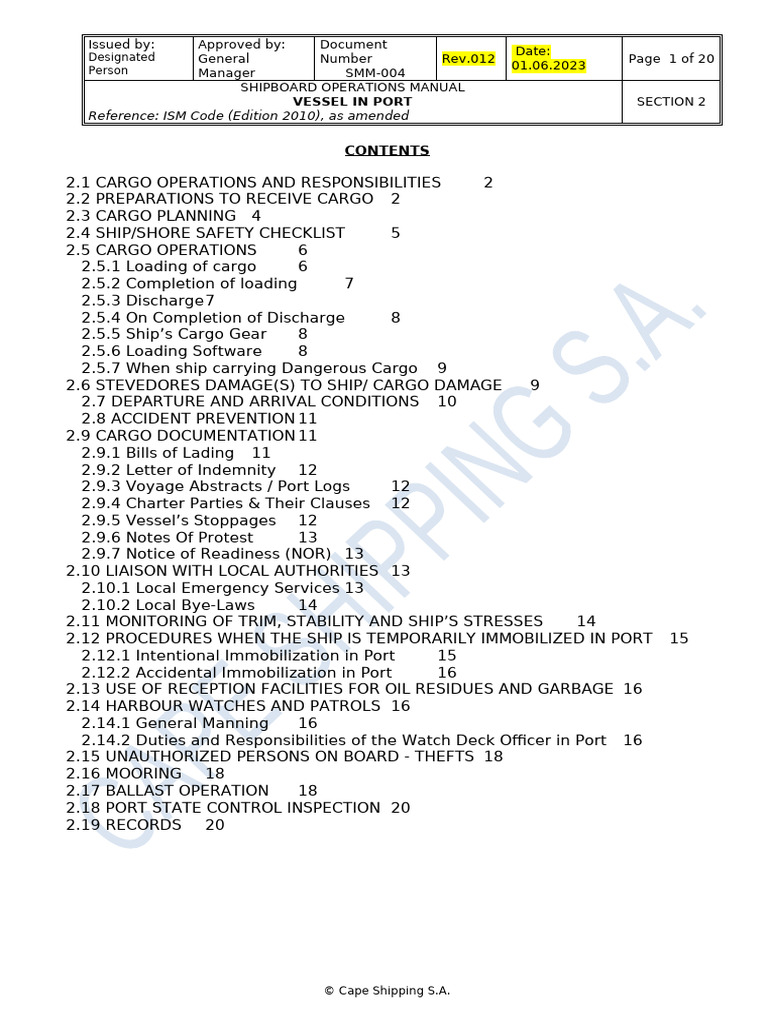 02-SMM 004 - SOM - Section 2 Vessel at Port 01.06.2023 | PDF | Ships ...