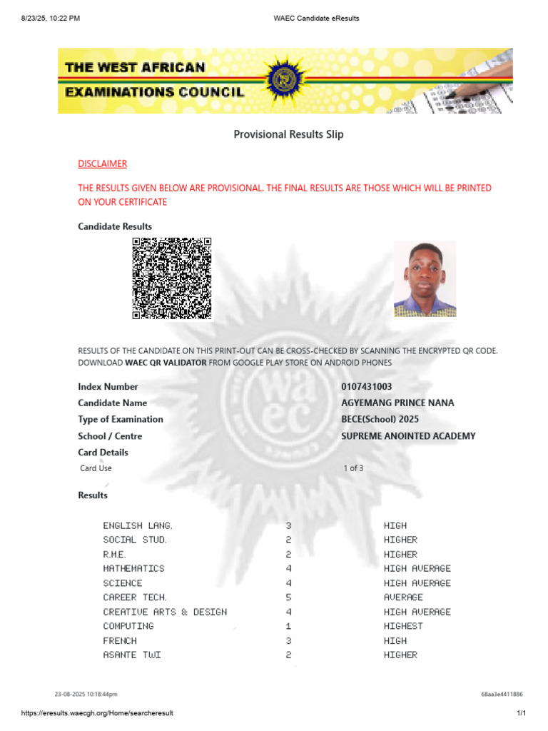 WAEC Provisional Results Slip | PDF