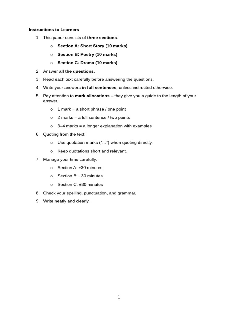 Grade 8 Literature Test Instructions | PDF