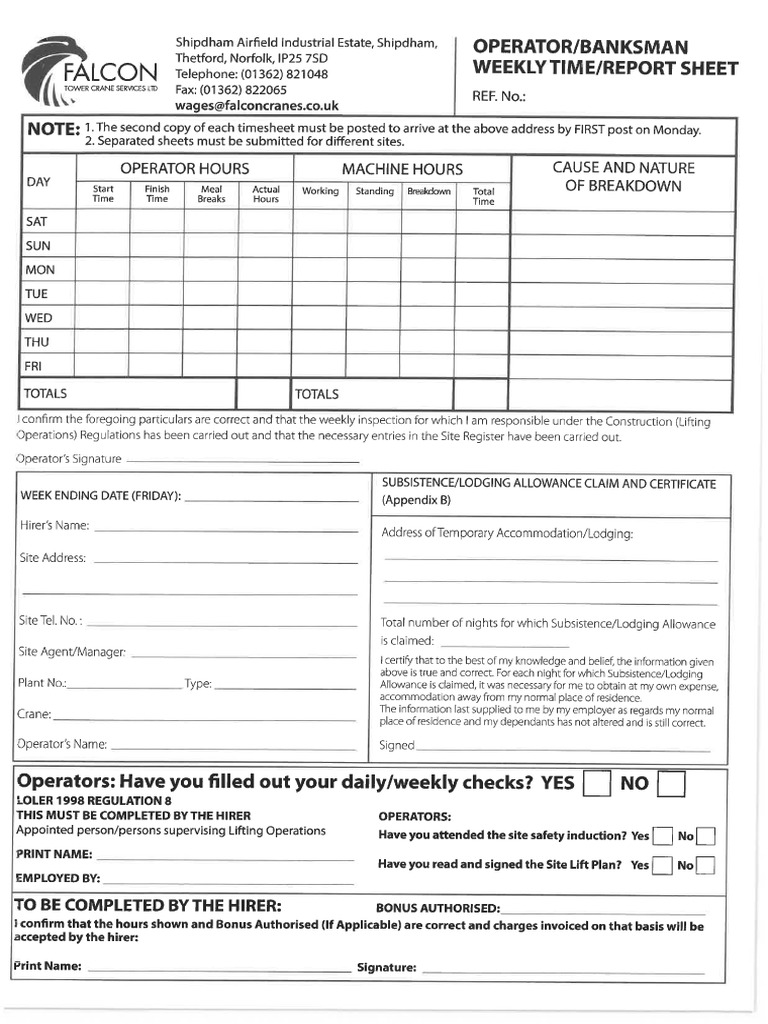Falcon Tower Crane Services LTD Timesheet | PDF