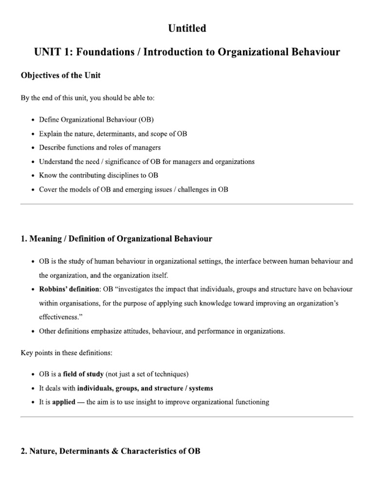 Organizational Behaviour Unit '1 Notes | PDF