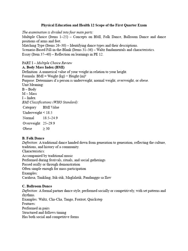 PE & Health 12 First Quarter Exam Guide | PDF | Body Mass Index ...