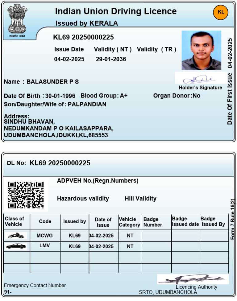 Driving Licence for Bala Sundar P S | PDF