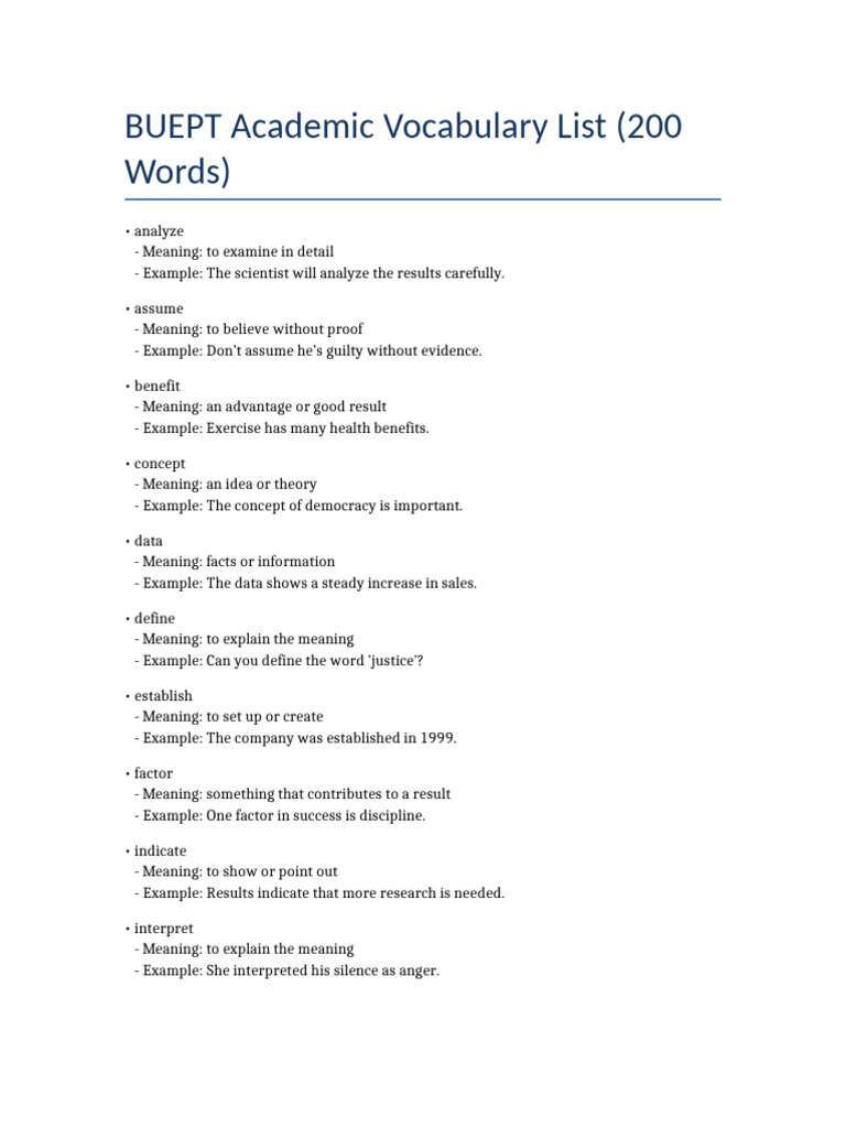 BUEPT 200-Word Academic Vocabulary List | PDF | Learning | Cognition