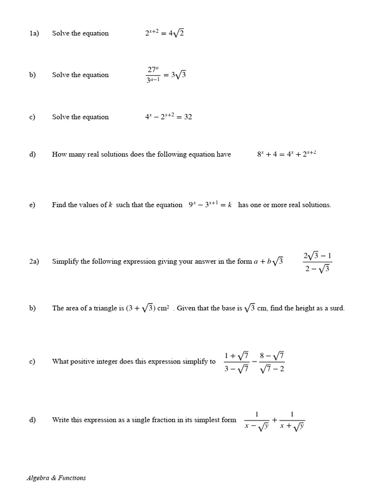 Algebra and Functions Problem Set | PDF | Equations | Function ...