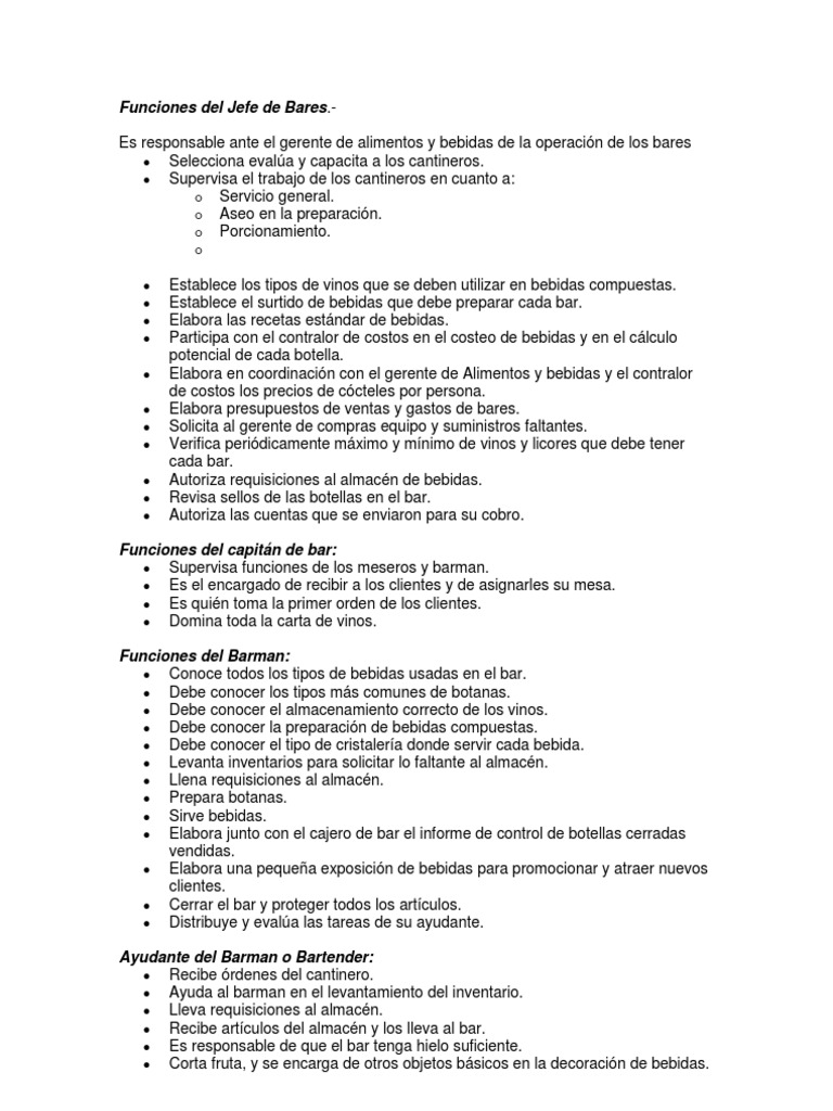 Funciones Del Jefe de Bares | PDF | Bar | Barman