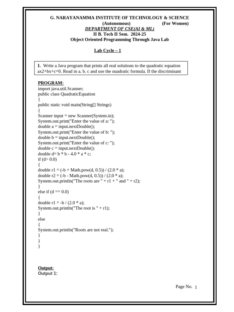 Java Lab Manual Pgms 2024 (R22) | PDF | Quadratic Equation | Computer ...