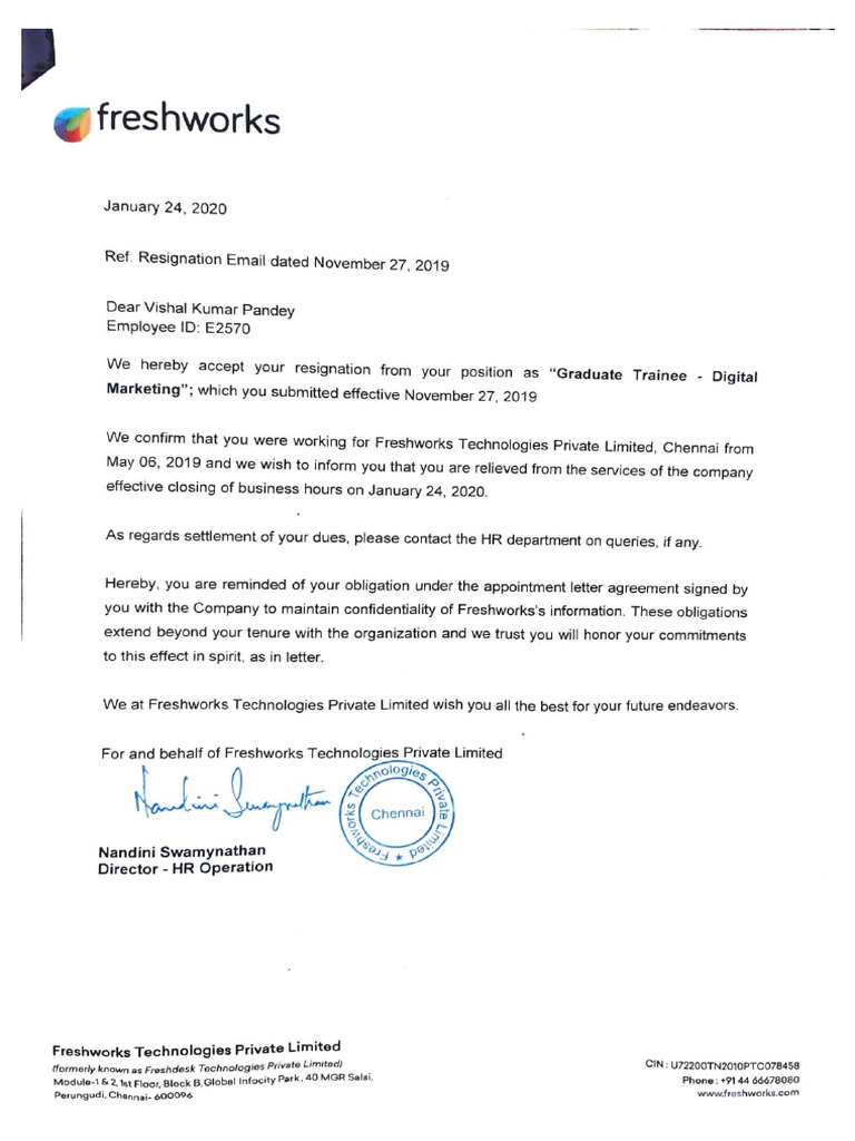 Freshworks Experience Letter | PDF