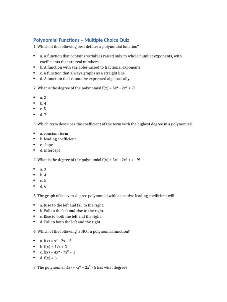 Polynomial Functions Quiz and Answers | PDF