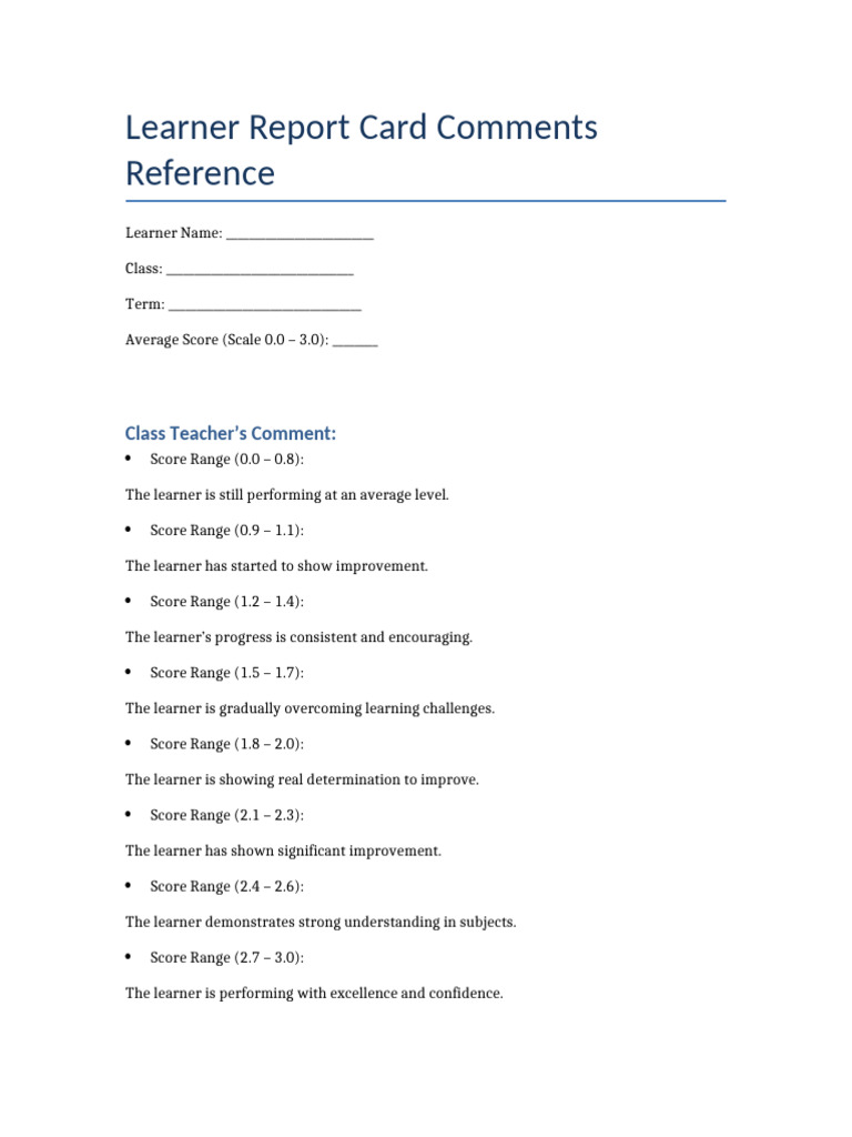 Report Card Comments Template | PDF