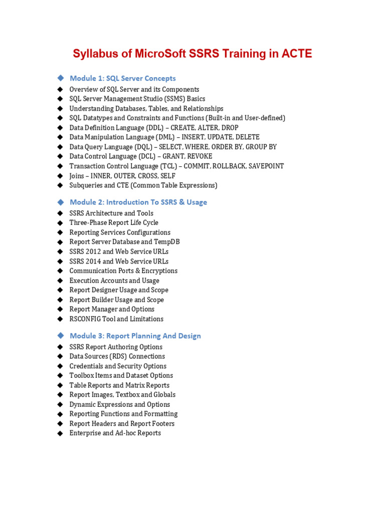 Syllabus of MicroSoft SSRS Training in ACTE | PDF | Software | Sql