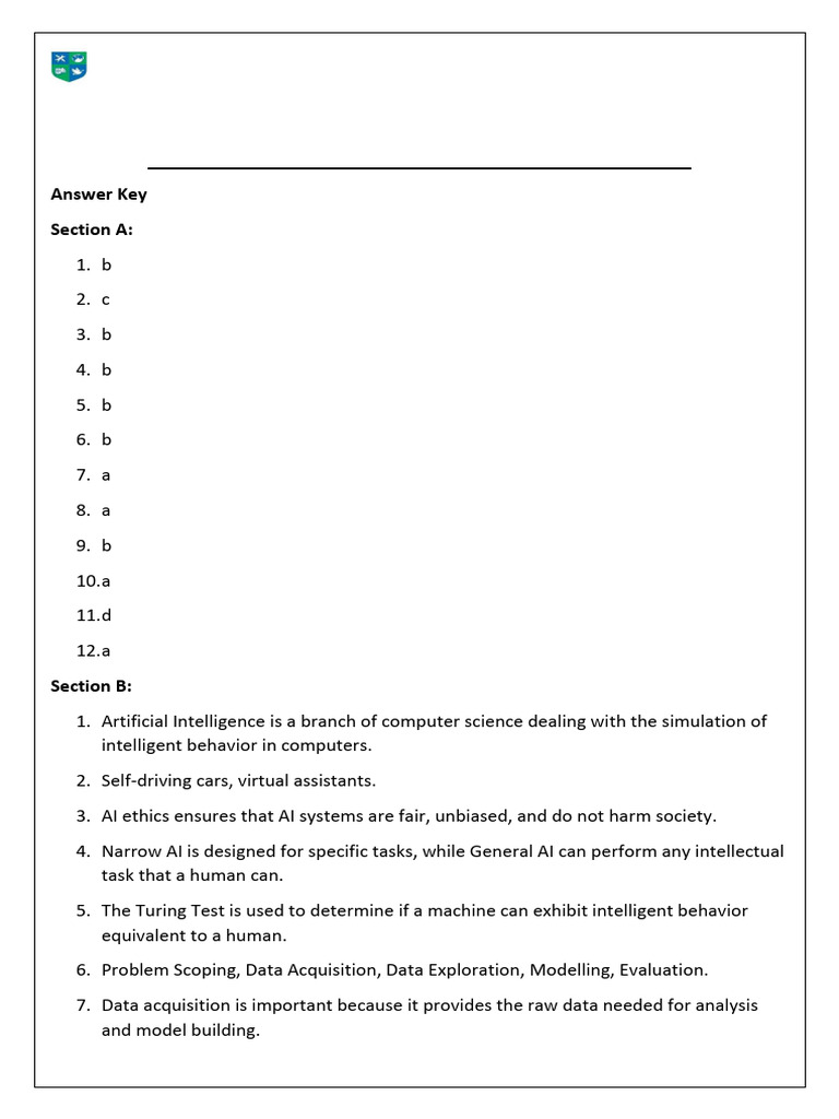 Class IX AI Mock Exam Answer Key | PDF
