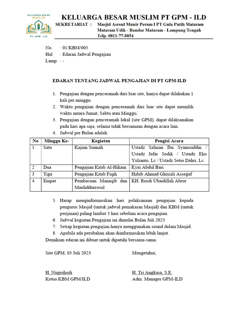 Jadwal Pengajian PT GPM-ILD Juli 2023 | PDF