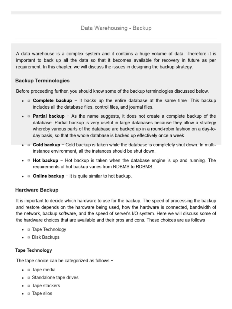Data Warehousing - Backup | PDF | Backup | Databases