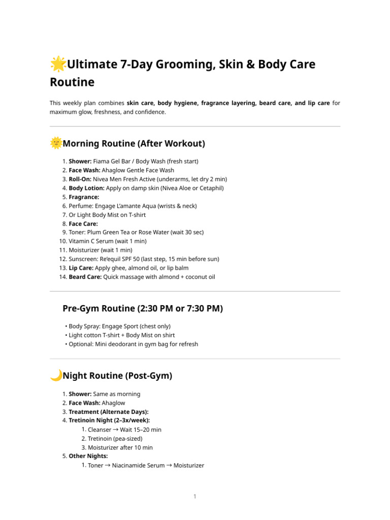 7-Day Grooming & Skin Care Plan | PDF | Skin Care | Dermatology