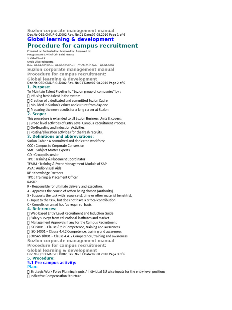 Suzlon Campus Recruitment Procedure | PDF | Recruitment
