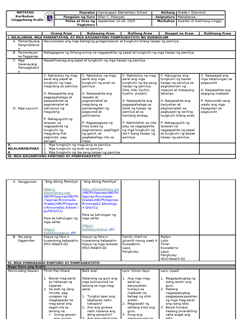 G1-Q2-DLL-WEEK 5-Makabansa | PDF