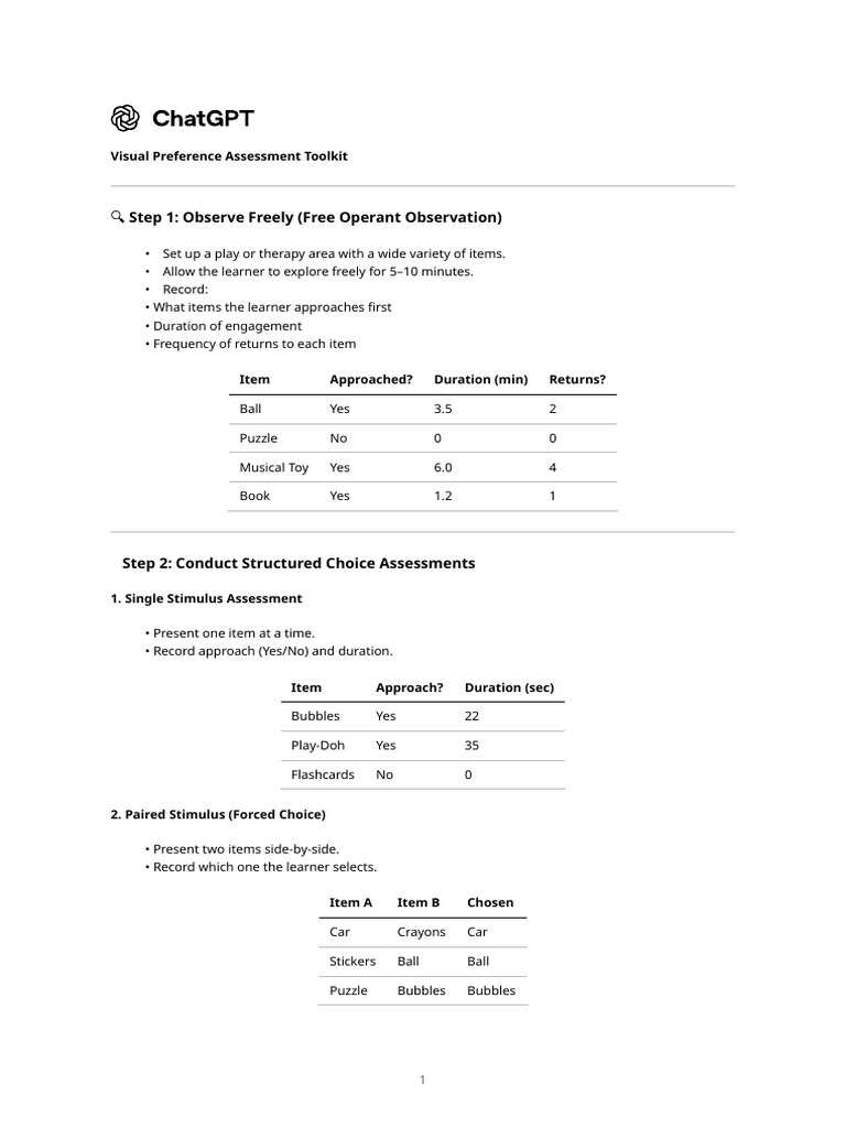 Visual Preference Assessment Guide | PDF | Reinforcement ...