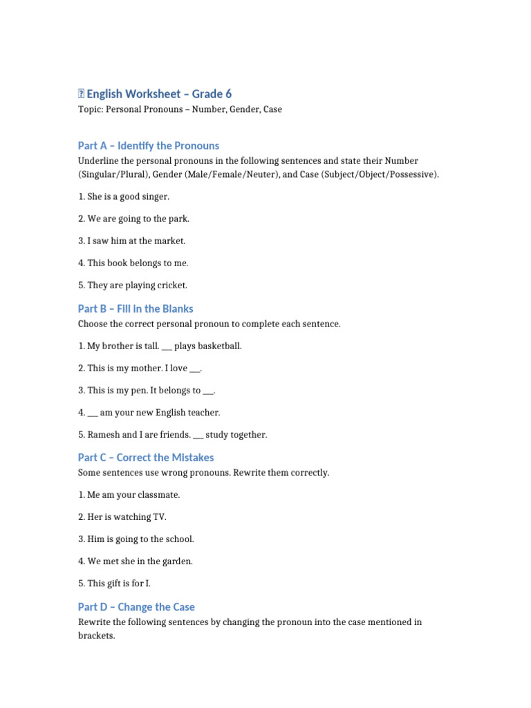 Grade 6 Pronouns Worksheet | PDF