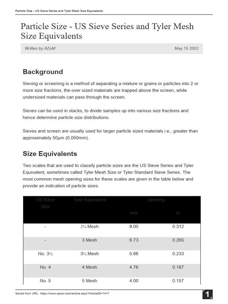 Particle Size US Sieve Series and Tyler Mesh Size Equivalents | PDF ...