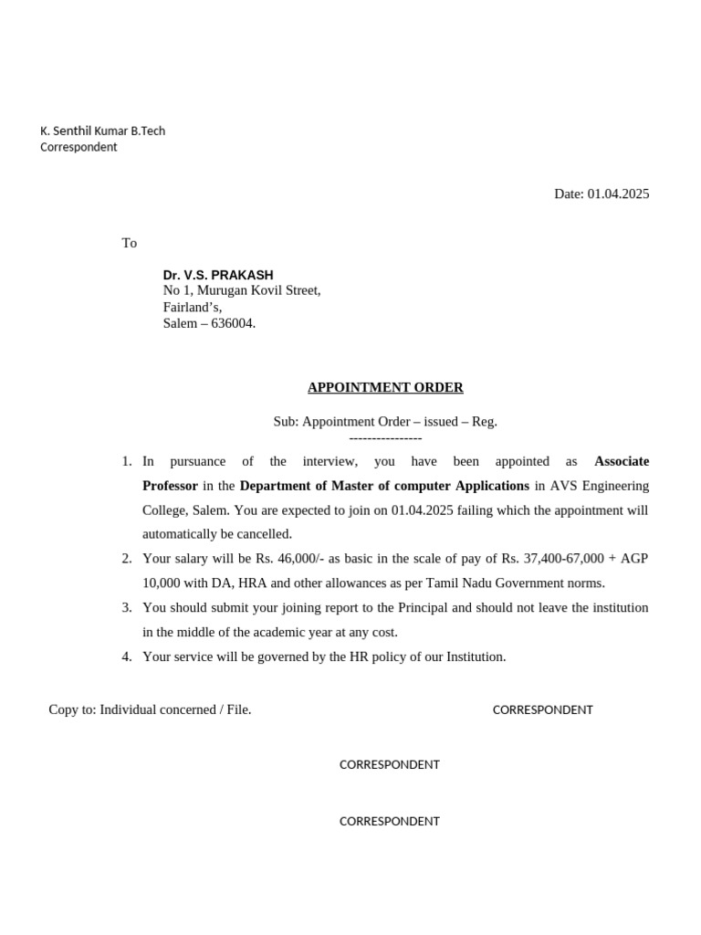 Appointment Order Dummy Staff (IT & MCA) | PDF