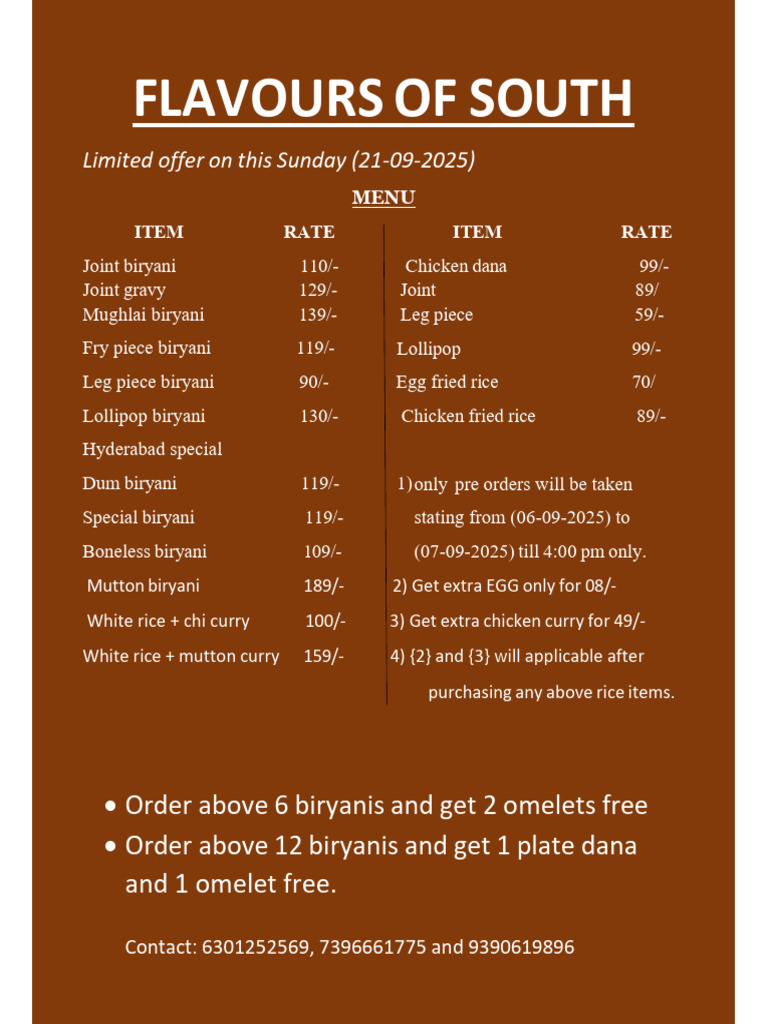 Flavours of South SPL Menu 21-09-2025 | PDF