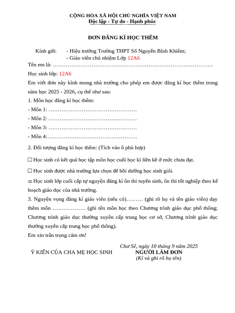 12a6 - Mau 1 - HS Dang Ky Hoc Them (Thong Tu 29) - NBK | PDF