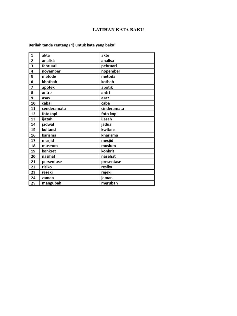 Latihan Kata Baku Dan Tidak Baku - Soal.docx | PDF