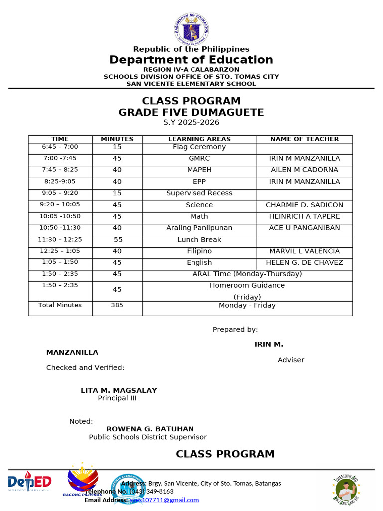 Grade 5 Class Program S.Y. 2025-2026 | PDF | Educational Organizations ...