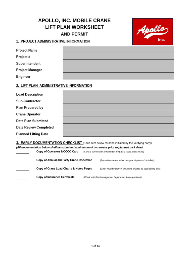 Apollo Crane Lift Plan Worksheet | PDF | Crane (Machine) | Manufactured ...