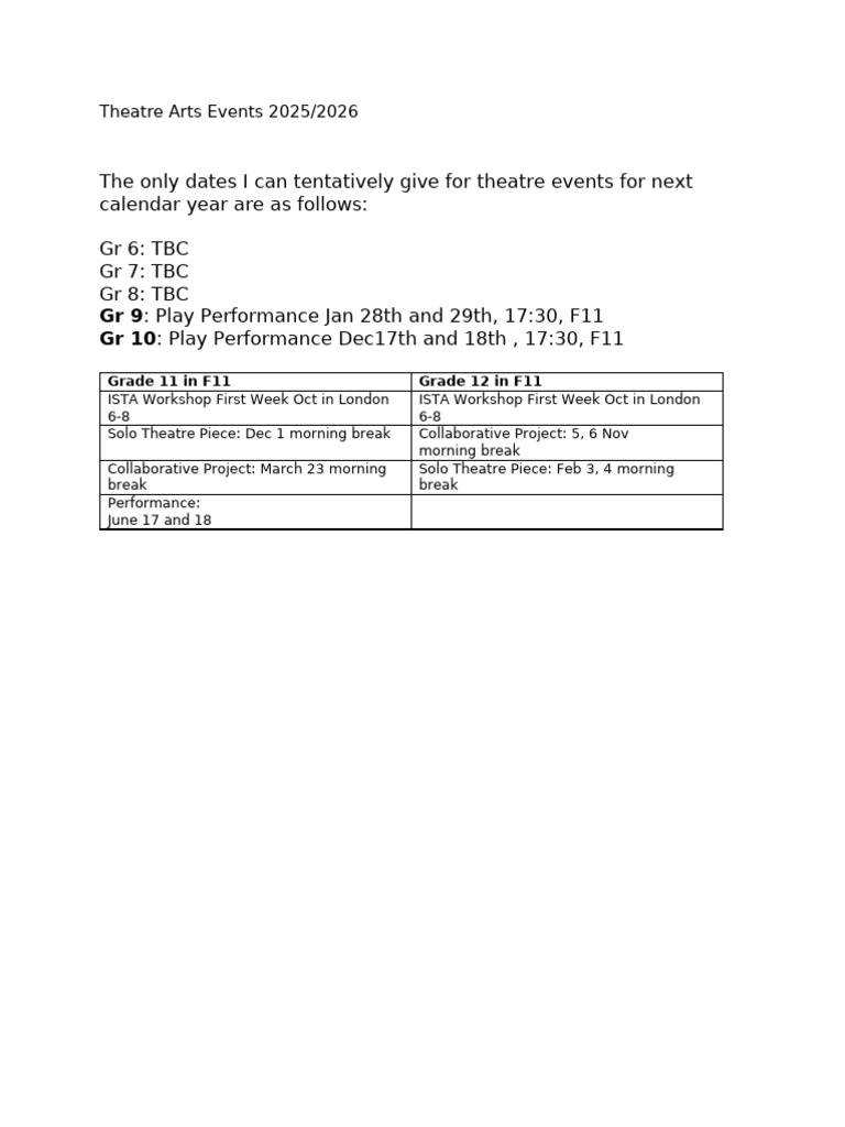 Theatre Arts Events Schedule 2025-2026 | PDF