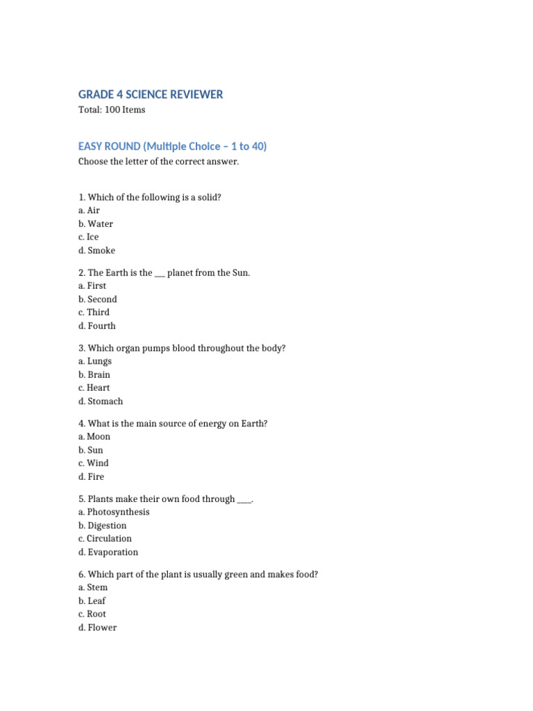 Grade 4 Science Review Questions | PDF | Water | Planets