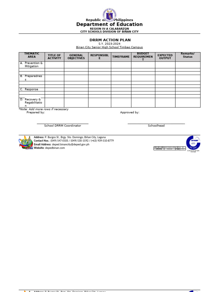 School Action Plan DRRM SY 2023-2024 | PDF