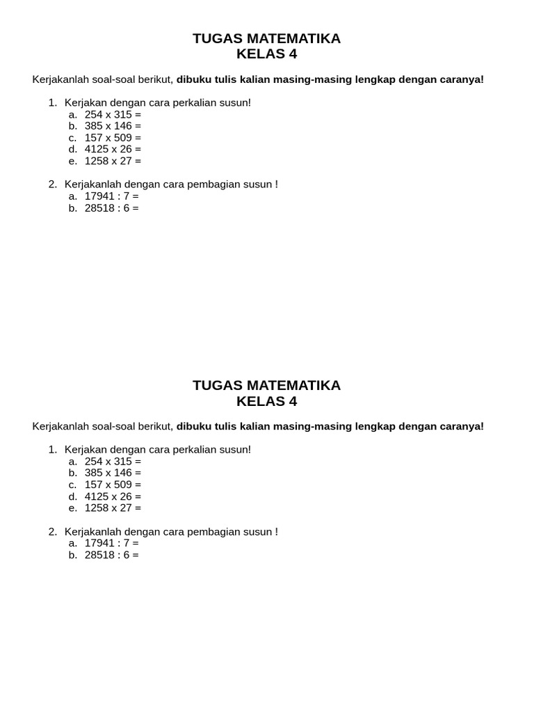 Tugas Matematika Perkalian & Penjumlahan Susun Kelas 4 | PDF