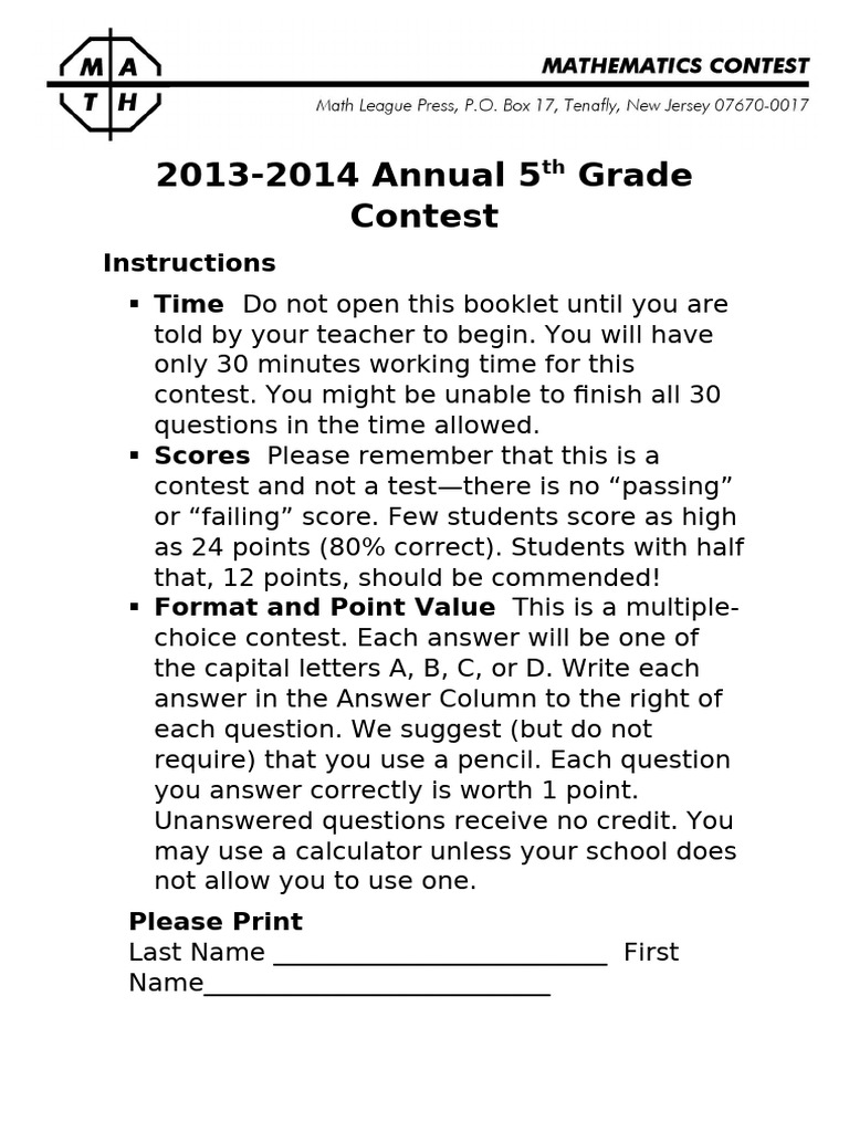 2013-14 Annual 5th Grade Contest | PDF | Area