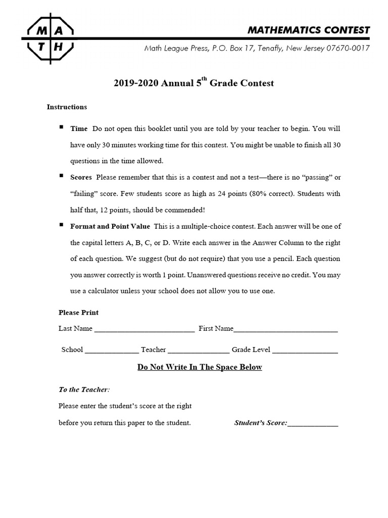 2019-2020 5th Grade Math Contest | PDF | Number Theory | Arithmetic