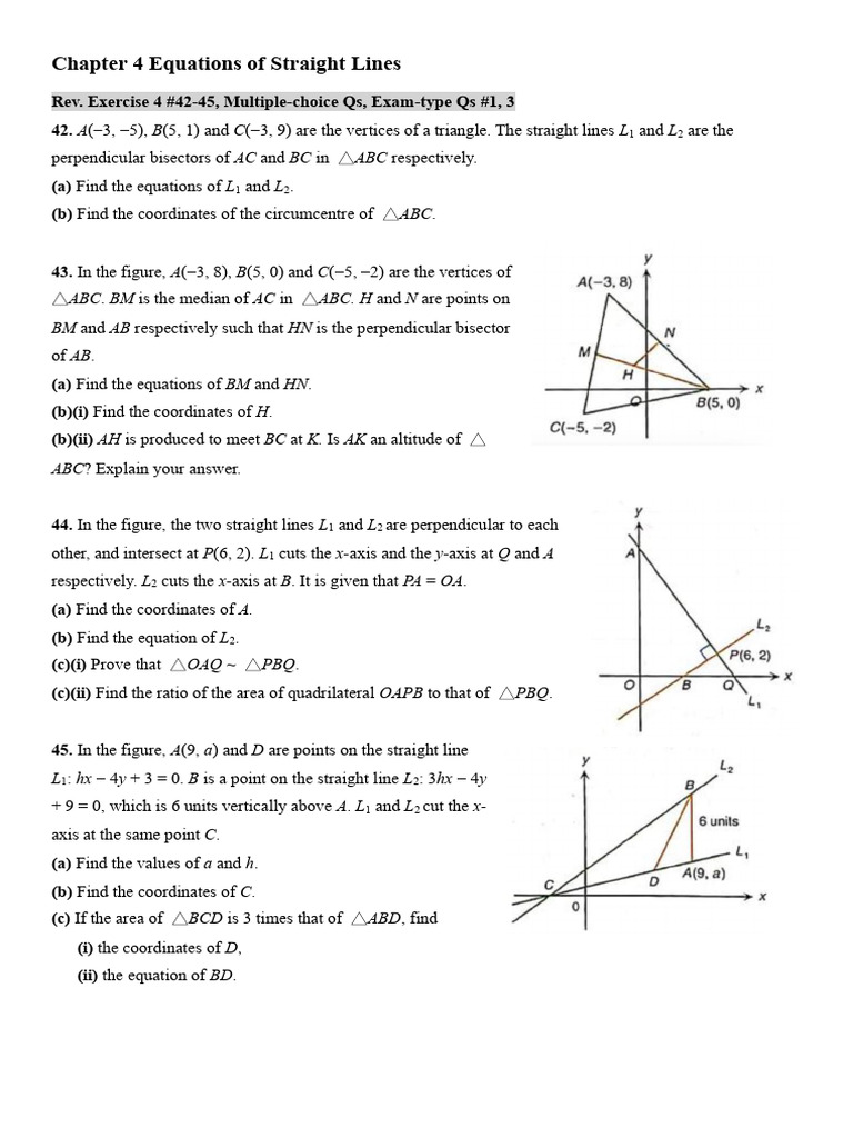Equations of Straight Lines Exercises | PDF