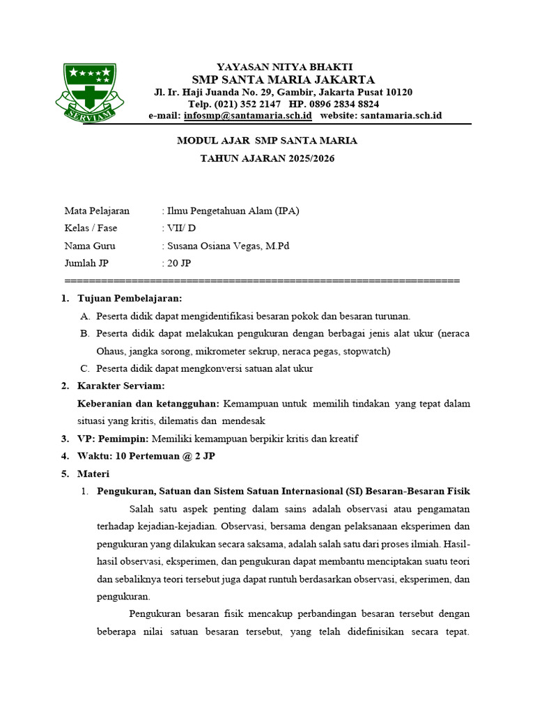 Modul Ajar IPA Kelas VII SMP Santa Maria | PDF