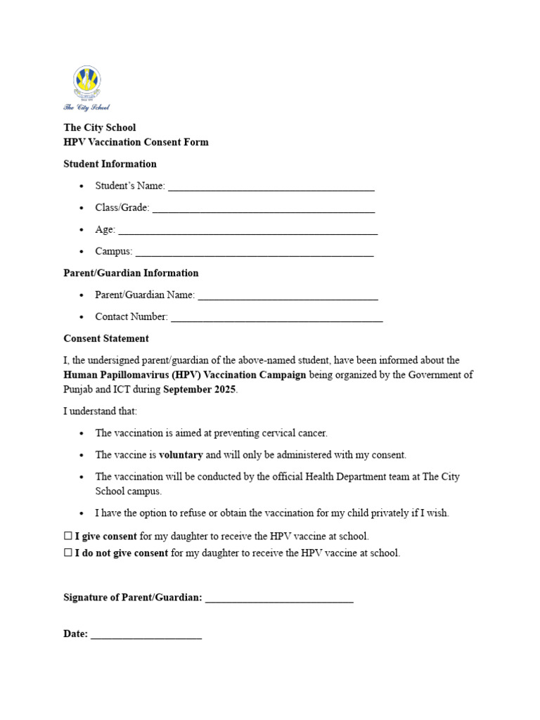 Consent Form - HPV Vaccination | PDF