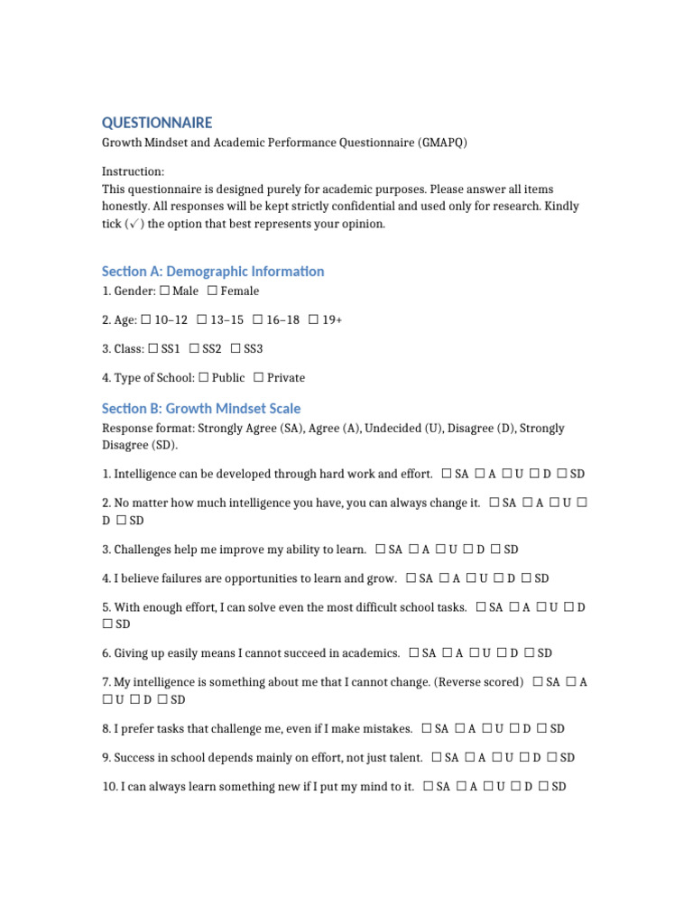 Growth Mindset Questionnaire | PDF