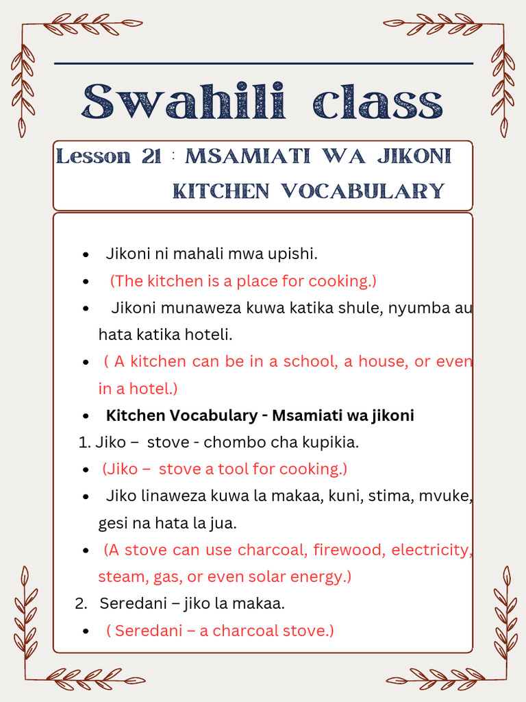 Kitchen Vocabulary in Swahili | PDF | Kitchen | Meal